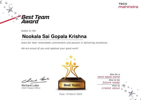 Sai Gopala Krishna Nookala On Linkedin Happy To Recieve Best Team Award From Tech Mahindra