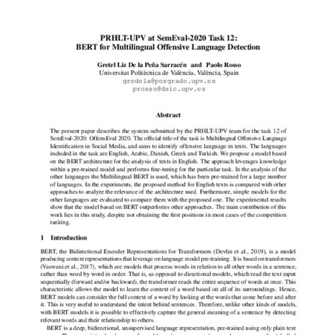 PRHLT UPV At SemEval 2020 Task 12 BERT For Multilingual Offensive Language Detection ACL