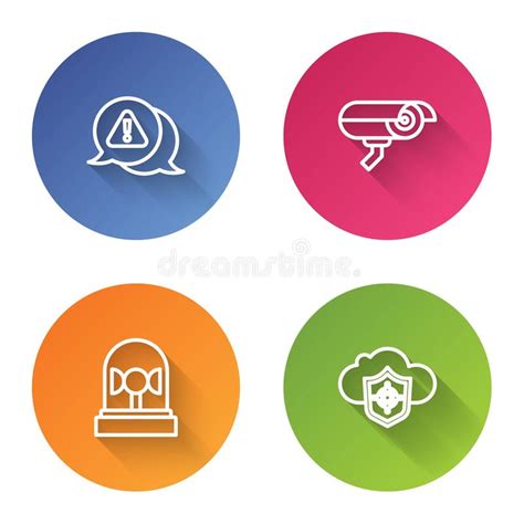 Set Line Exclamation Mark In Triangle Security Camera Flasher Siren And Cloud And Shield