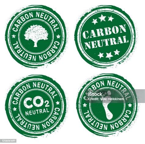 카본 뉴트럴 그린 라운드 레트로 스타일 그런지 씰 세트 벡터 일러스트 이미지입니다 흰색 배경에 격리 기후 변화 잉크 고무 스탬프 에코 Co2 자연 생태 로고 기호 컬렉션