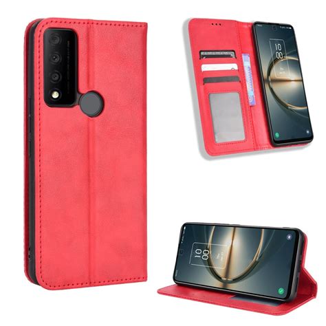 For Tcl V G Magnetic Buckle Retro Texture Leather Phone Case Red Alexnld Com