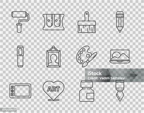 세트 라인 그래픽 태블릿 팔레트 나이프 페인트 브러시 텍스트 아트와 심장 롤러 그림 페인트 구아슈 항아리 염료 및 노트북 아이콘