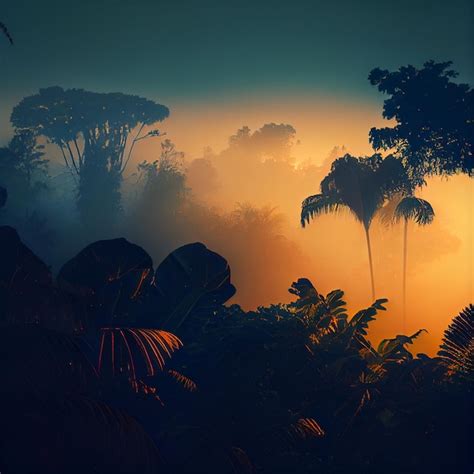 Premium Photo Beautiful Misty Jungle Forest Landscape At Sunset Or Sunrise Generative Ai