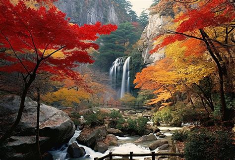 붉은 단풍과 폭포가 있는 가을 풍경 가을 골짜기 계절 배경 일러스트 및 사진 무료 다운로드 Pngtree