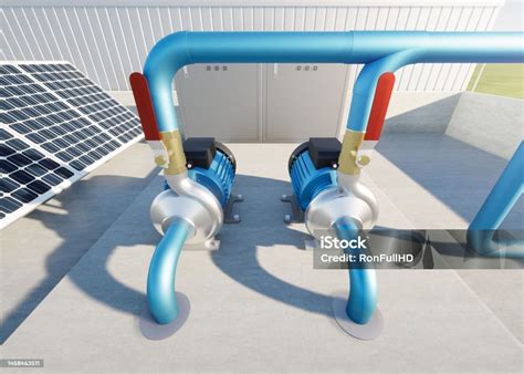 옥상 공장에 있는 물 펌프 스테이션의 3d 렌더링 원심 펌프 전기 모터 파이프 라인 밸브 태양 전지 패널 및 컨트롤 박스를 포함합니다 분배 급수 공급을위한 산업 작업 기계