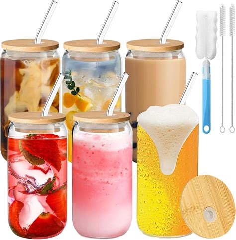 Vasos De Vidrio Con Tapa 6 Pcs 16 Onzas Tazas De Vidrio Con Tapa Y