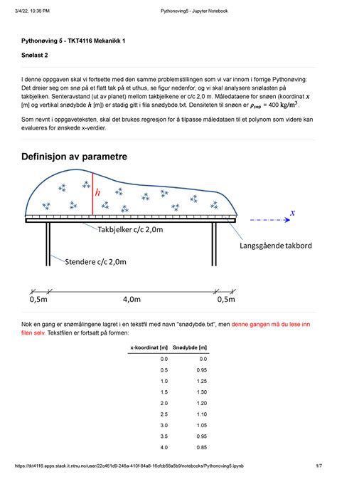 Pythonøving 5 Mekanikk 1 000 Pythonøving 5 Tkt4116 Mekanikk 1 Snølast 2 I Denne Oppgaven