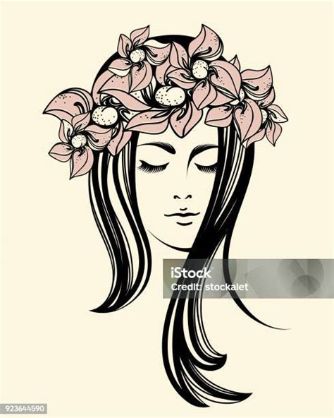 긴 머리를 가진 아름 다운 여자 그녀의 머리에 꽃 화 환을 착용 스타일과 아름다움 벡터 아이콘입니다 긴 머리에 대한 스톡 벡터 아트 및 기타 이미지 Istock