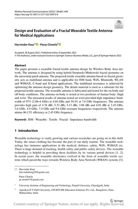 Design And Evaluation Of A Fractal Wearable Textile Antenna For Medical Applications Request Pdf