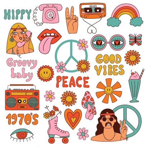 레트로 70년대 그루비 요소의 집합입니다 히피 컬렉션 벡터 일러스트 레이 션 프리미엄 벡터