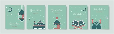 라마단 카림 카바 꾸란 모스크 랜턴이 있는 이슬람 인사말 카드 세트 인사말 카드 포스터 및 배너에 대 한 녹색 색상의 벡터 휴일 그림 Eid Mubarak에 대한 스톡 벡터