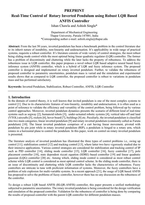 Pdf Real Time Control Of A Rotary Inverted Pendulum Using Robust Lqr Based Anfis Controller