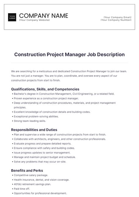 Free Construction Project Manager Job Description Template To Edit Online