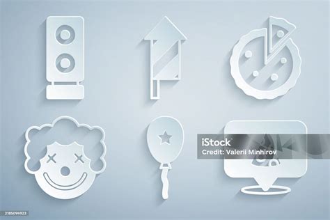 리본 수제 파이 광대 머리 피자 조각 불꽃 놀이 로켓 및 스테레오 스피커 아이콘으로 풍선을 설정하십시오 벡터 3차원 형태에 대한 스톡 벡터 아트 및 기타 이미지 Istock