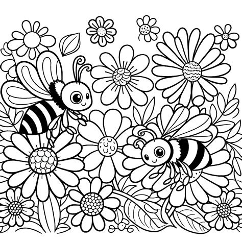 Plantilla Para Colorear De Abejas En Flores Gratis