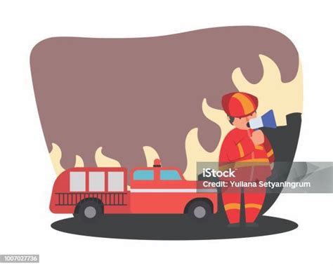 귀여운 소방 관 소방 관 Fireguard 소화기 직업 만화 캐릭터 구조에 대한 스톡 벡터 아트 및 기타 이미지 구조