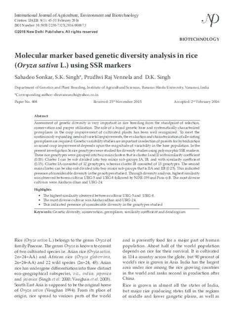 Pdf Molecular Marker Based Genetic Diversity Analysis In Rice Oryza Sativa L Using Ssr Markers