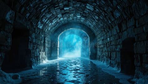 Stone Arch Tunnel With Flowing Water And Atmospheric Blue Light Mist