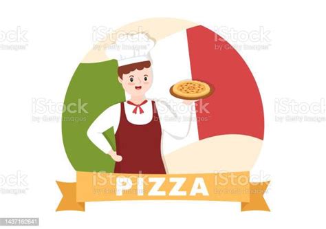 이탈리아 음식 레스토랑 또는 요리사가 있는 카페테리아 전통 이탈리아 요리 피자 손으로 그린 만화 템플릿 그림 개체 그룹에 대한