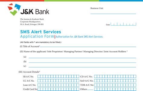 Sms Form For Jk Bank Sms Alert Form For Jammu And Kashmir Bank