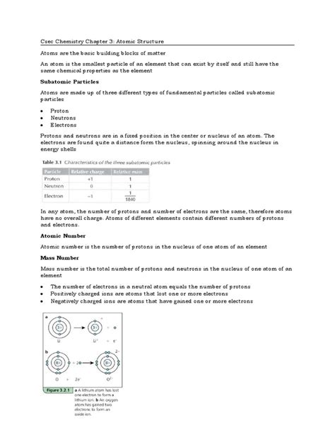 Csec Chemistry Chapter 3 Atomic Structure Pdf Atomic Nucleus Atoms