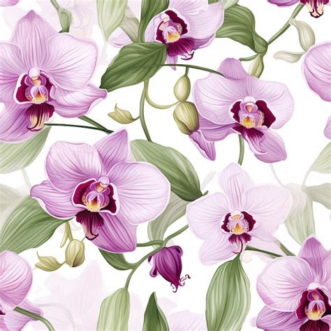 Un Papel Tapiz Con Orquídeas Púrpuras Y Hojas Verdes Vector Premium