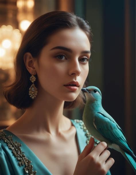 A Woman Holding A Parrot With A Green Parrot On Her Chest Premium Ai Generated Image