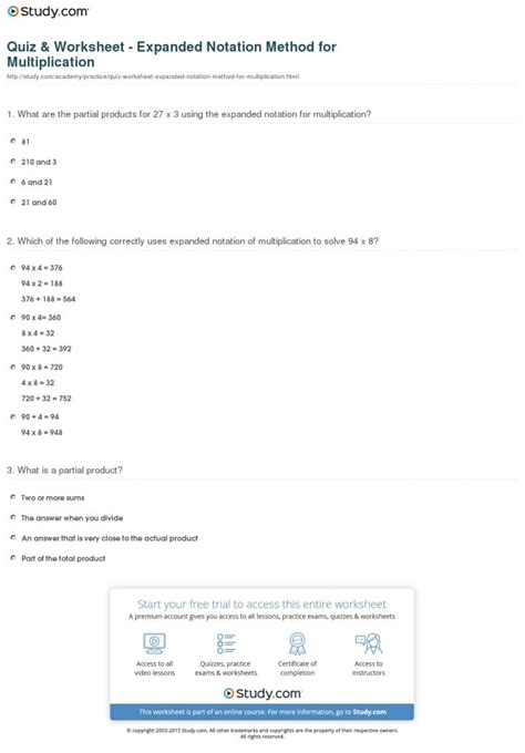Quiz And Worksheet Expanded Notation Method For Multiplication Free