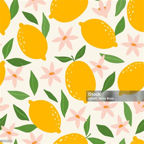 열 대 여름 완벽 한 패턴 레몬 잎 꽃 감귤류 과일 배경입니다 종이 표지 직물을 위한 현대 유행 디자인 벡터 일러스트 레이 션입니다 0명에 대한 스톡 벡터 아트 및 기타