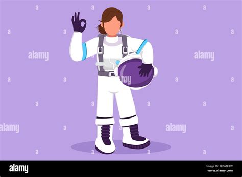 Character Flat Drawing Beauty Female Astronaut Stands With Okay Gesture Wearing Spacesuit