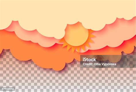 3d 추상 종이 파스텔 오렌지 하늘 태양과 구름의 그림을 잘라 벡터 화려한 템플릿입니다 일출에 대한 스톡 벡터 아트 및 기타 이미지 Istock