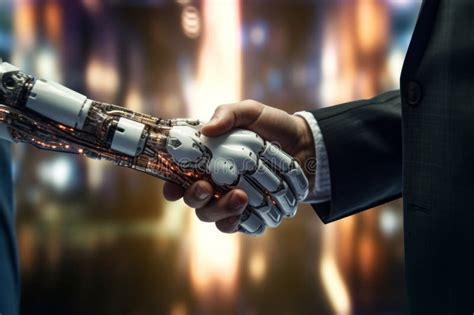Man Shakes Hands With Robot Concept Of Ai Progress And Integrating