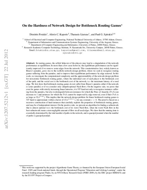 Pdf On The Hardness Of Network Design For Bottleneck Routing Games