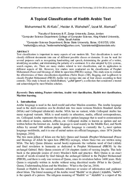 Pdf A Topical Classification Of Hadith Arabic Text Izzat M Alsmadi