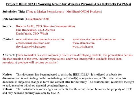 Ppt Project Ieee 80215 Working Group For Wireless Personal Area