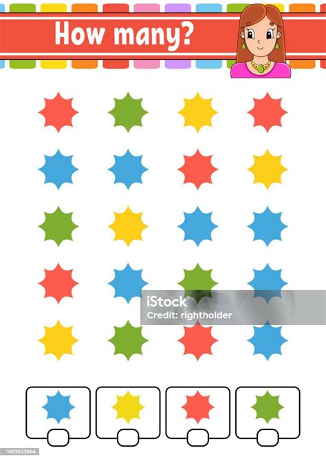 어린이를위한 게임을 계산합니다 행복한 캐릭터 수학 을 학습 그림에 있는 개체 수입니다 교육 워크 시트 답변을위한 공간 귀여운 만화 스타일의 고립 된 벡터 일러스트레이션