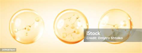 거품 안의 분자 골드 콜라겐 세럼 버블 화장품 에센스 컨셉 스킨 케어 화장품 솔루션 벡터 3d 일러스트 레이 션 기포에 대한 스톡 벡터 아트 및 기타 이미지 Istock