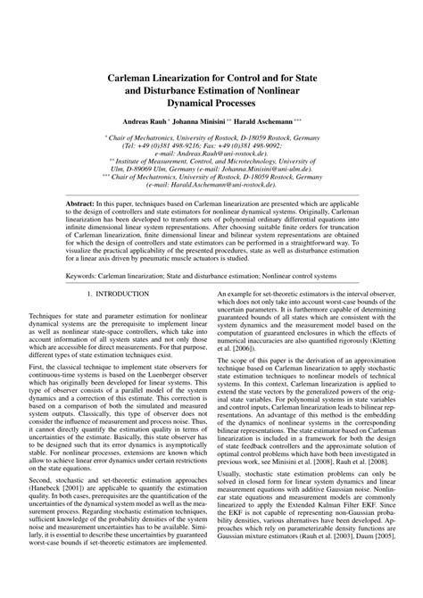Pdf Carleman Linearization For Control And For State And Disturbance Estimation Of Nonlinear