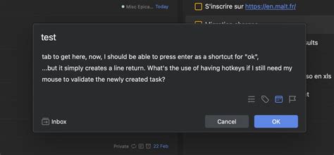 missing hotkey to validate or ok a task r ticktick