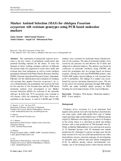 Pdf Marker Assisted Selection Mas For Chickpea Fusarium Oxysporum Wilt Resistant Genotypes