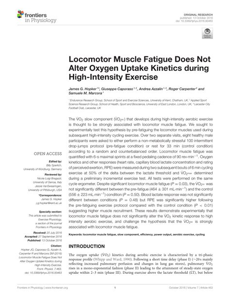 Pdf Locomotor Muscle Fatigue Does Not Alter Oxygen Uptake Kinetics During High Intensity Exercise