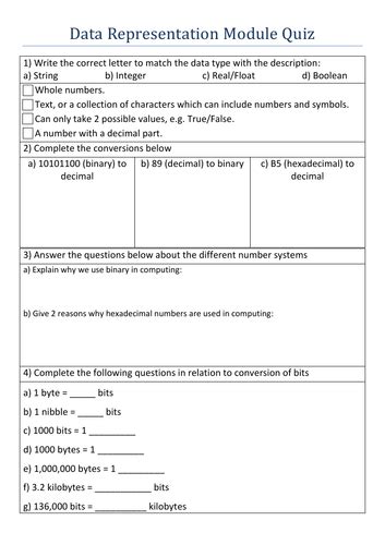 gcse computer science module quiz data representation linked to knowledge organiser