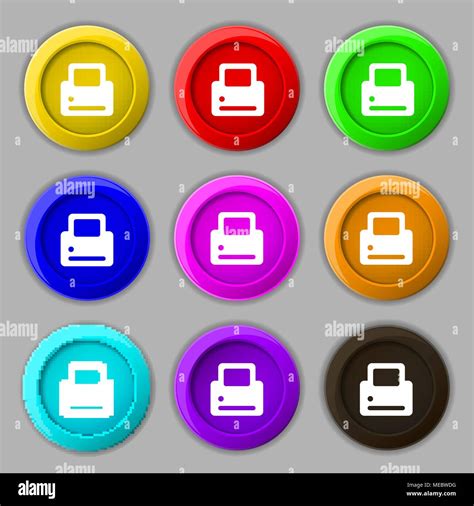 Printing Icon Sign Symbol On Nine Round Colourful Buttons Vector Illustration Stock Vector