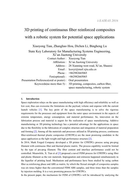 3d Printing Of Continuous Fiber Reinforced Composites With A Robotic System For Potential Space