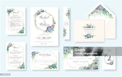 녹지 결혼식 초대 장카드 초대장 Rsvp 세부 정보 감사합니다 테이블 번호 메뉴 봉투 주소 템플릿의 집합입니다 즙이 많은 잎 녹색에 대한 스톡 벡터 아트 및 기타 이미지