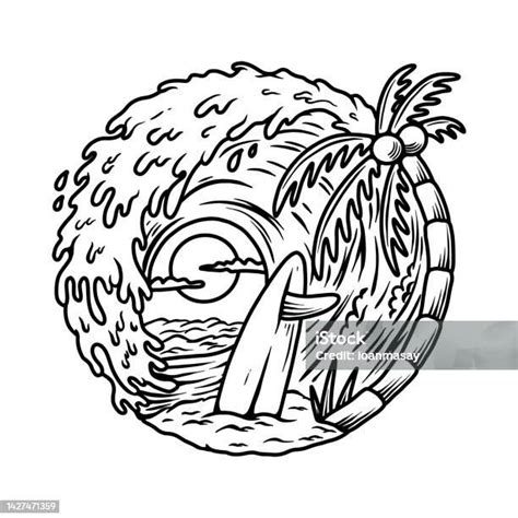 파도와 서핑 데크가있는 손바닥의 그림 벡터 일러스트 레이 션 0명에 대한 스톡 벡터 아트 및 기타 이미지 0명 검은색