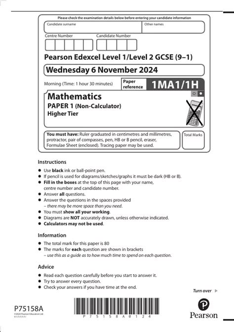 Gcse Edexcel Maths November 2024 Paper 1 Question Paper 1ma1 1h
