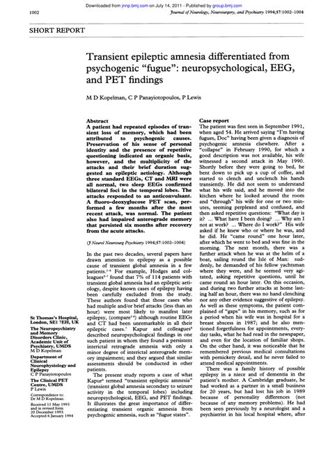 Pdf Transient Epileptic Amnesia Differentiated From Psychogenic Fugue Neuropsychological