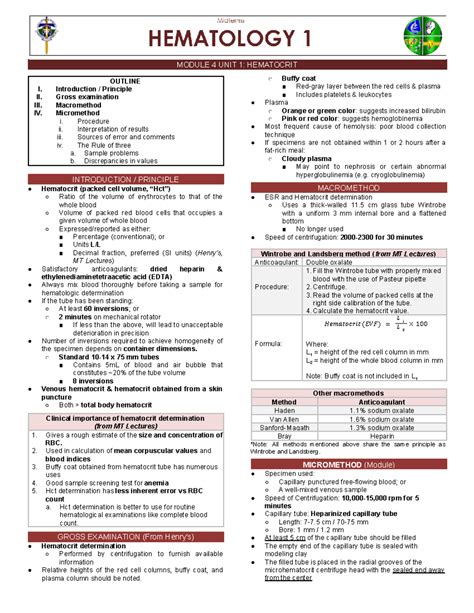 Hematology Module 4 Unit 1 Ex 6 Hematocrit Hematocrit Determination Outline I Introduction