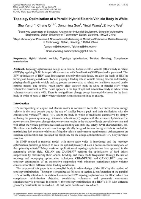 Pdf Topology Optimization Of A Parallel Hybrid Electric Vehicle Body